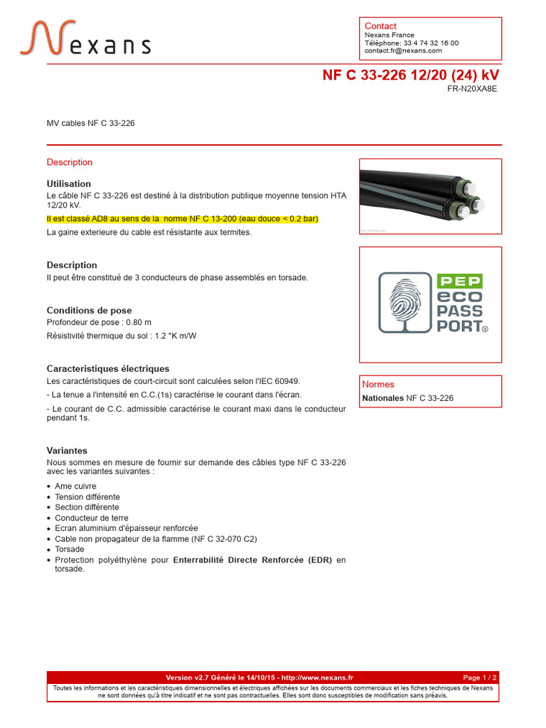 Câbles HTA NF C 33-226 Caractéristiques | PDF | Électrotechnique ...