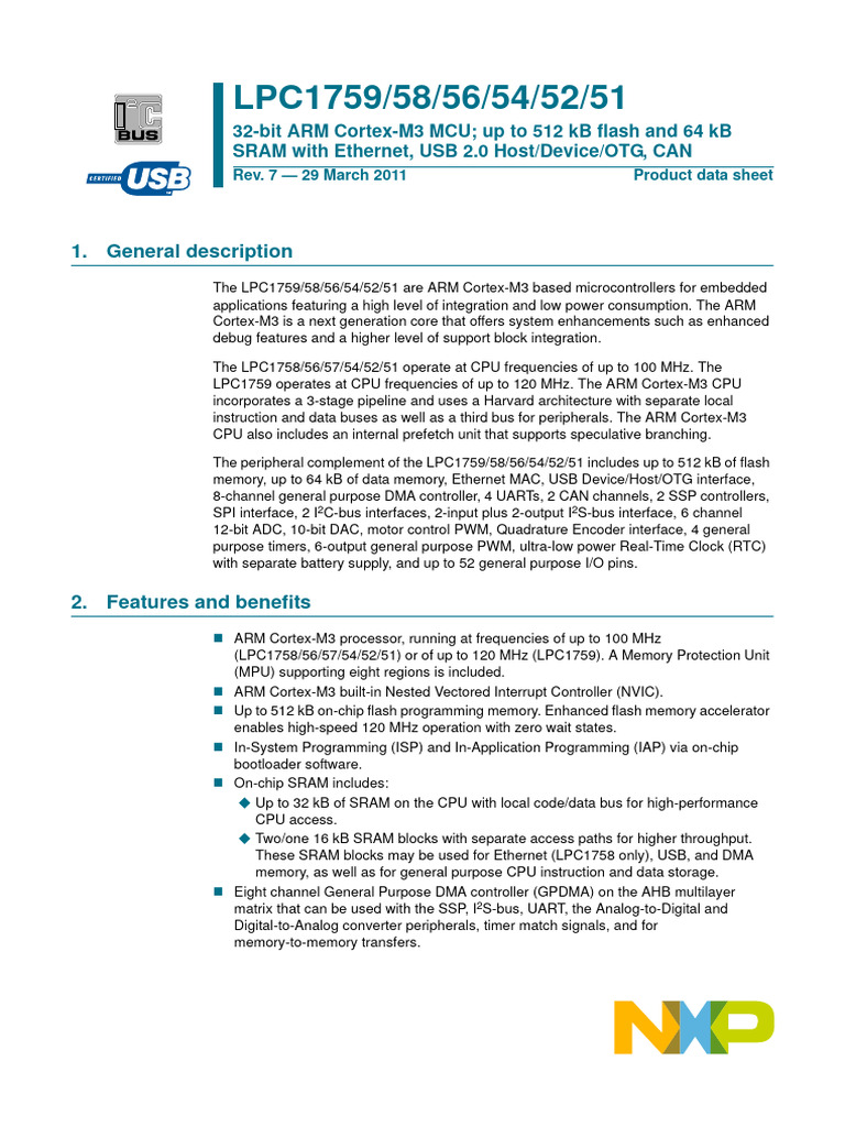 LPC1754 Datasheet | PDF | Microcontroller | Input/Output