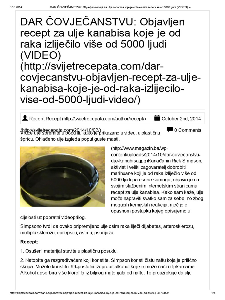 DAR ČOVJEČANSTVU - Objavljen Recept Za Ulje Kanabisa Koje Je Od Raka Izliječilo Više Od 5000 ...