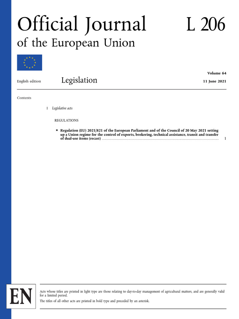 EU Regulation 2021/821 on Dual-Use Items | PDF | European Union | Customs
