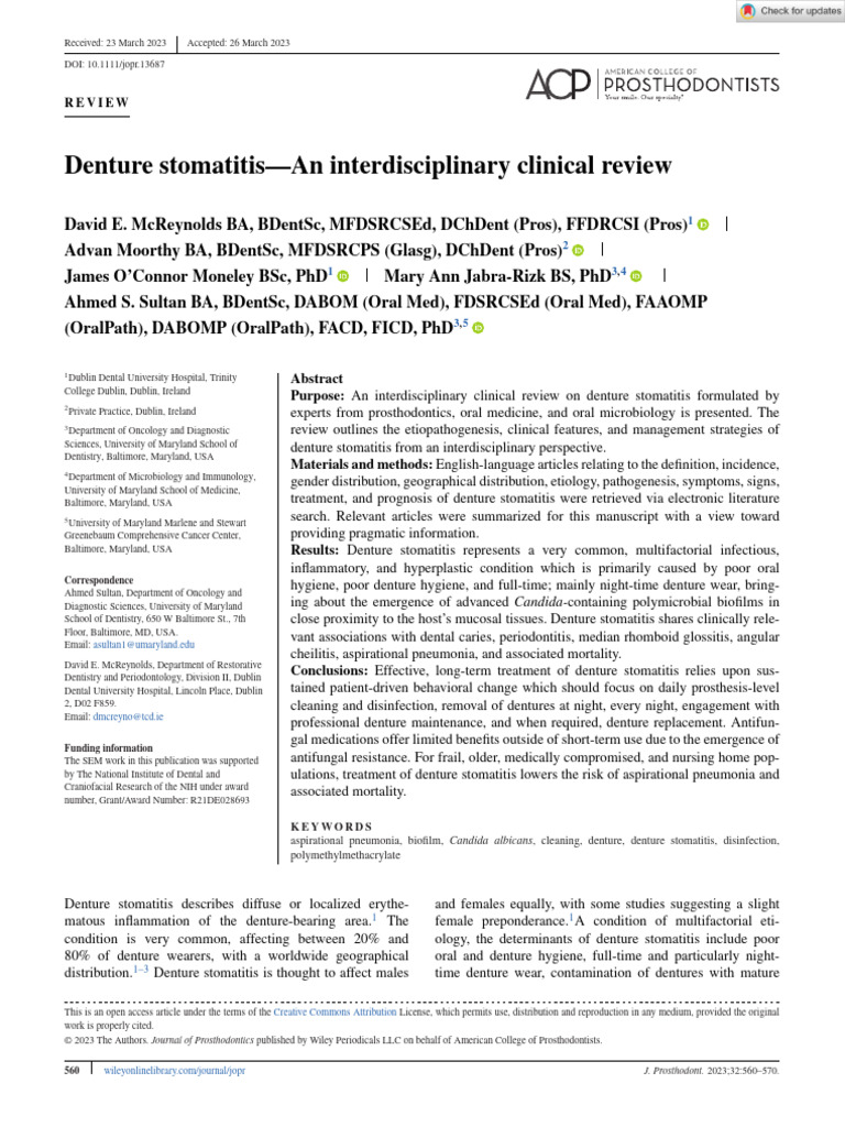 Denture Stomatitis. An Interdisciplinary Clinical Review | PDF | Dentures | Biofilm