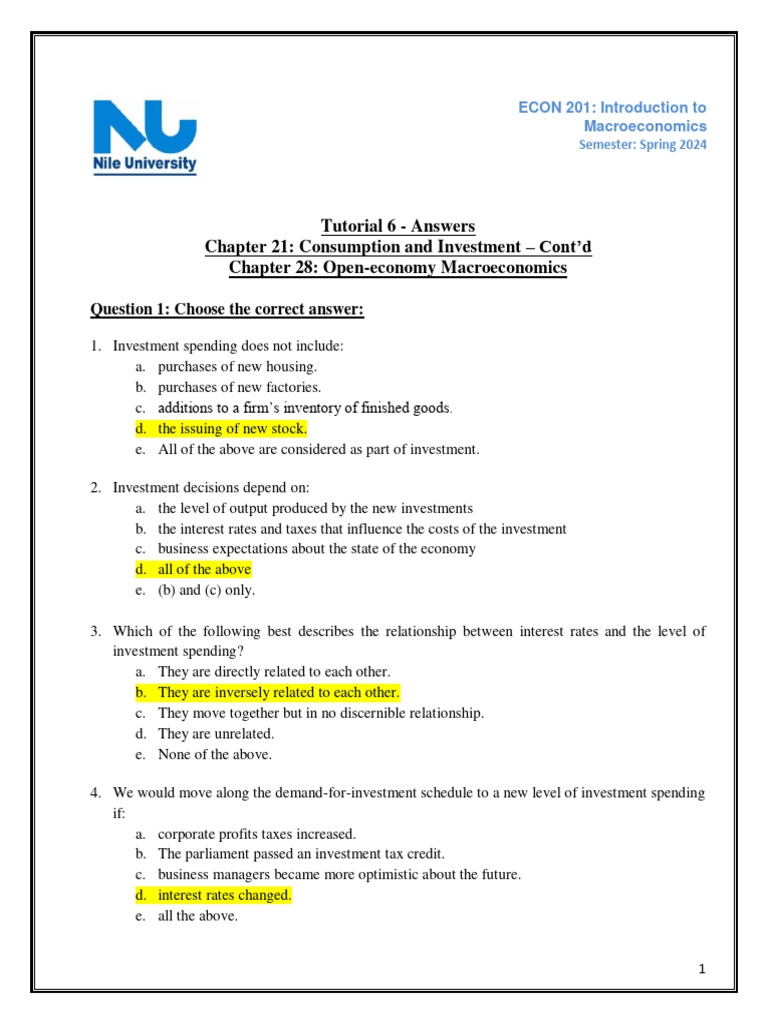 ECON201 - S24 - Tutorial 6 - Answers | PDF | Consumption (Economics) | Interest