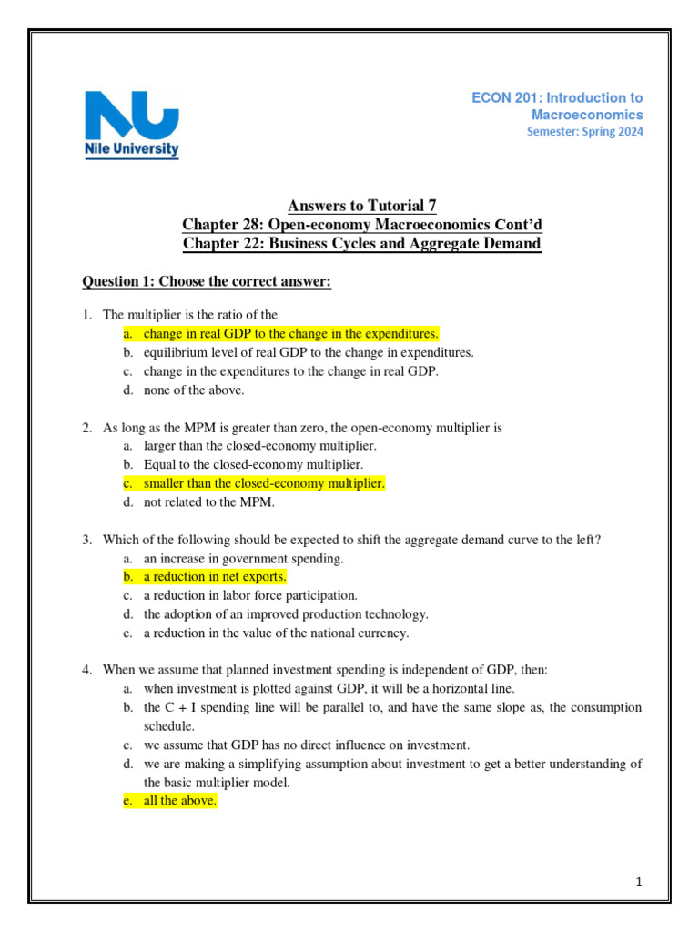 ECON201 - S24 - Tutorial 7 - Answers | PDF | Fiscal Multiplier | Consumption (Economics)