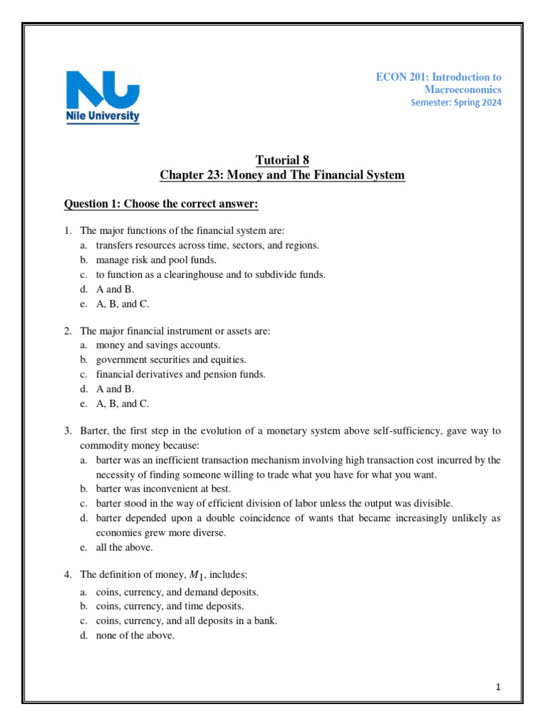 ECON201 - S24 - Tutorial 8 | PDF | Money | Banks