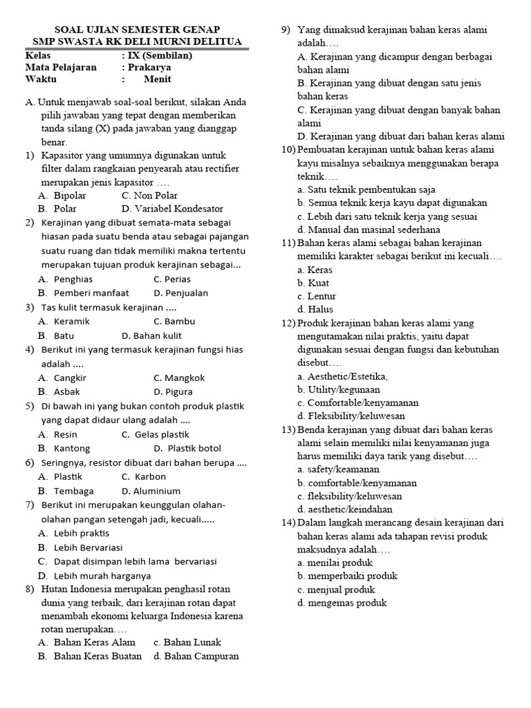 Soal Ujian Prakarya Kelas 9 Semester 2 | PDF | Griya & Taman