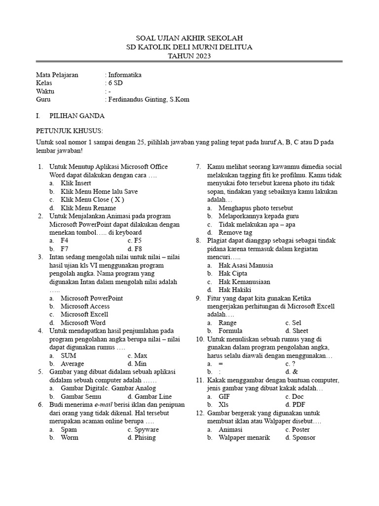 Soal Ujian Akhir Sekolah Kelas Vi SD Fix | PDF