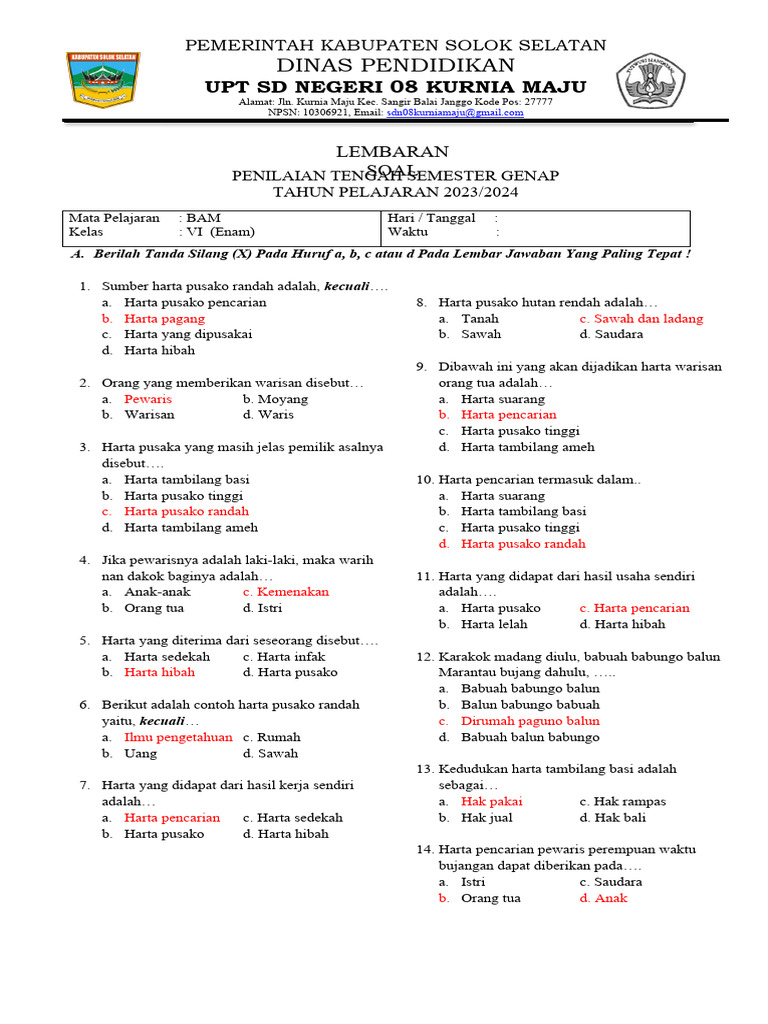 MID BAM Kelas6 s2 | PDF