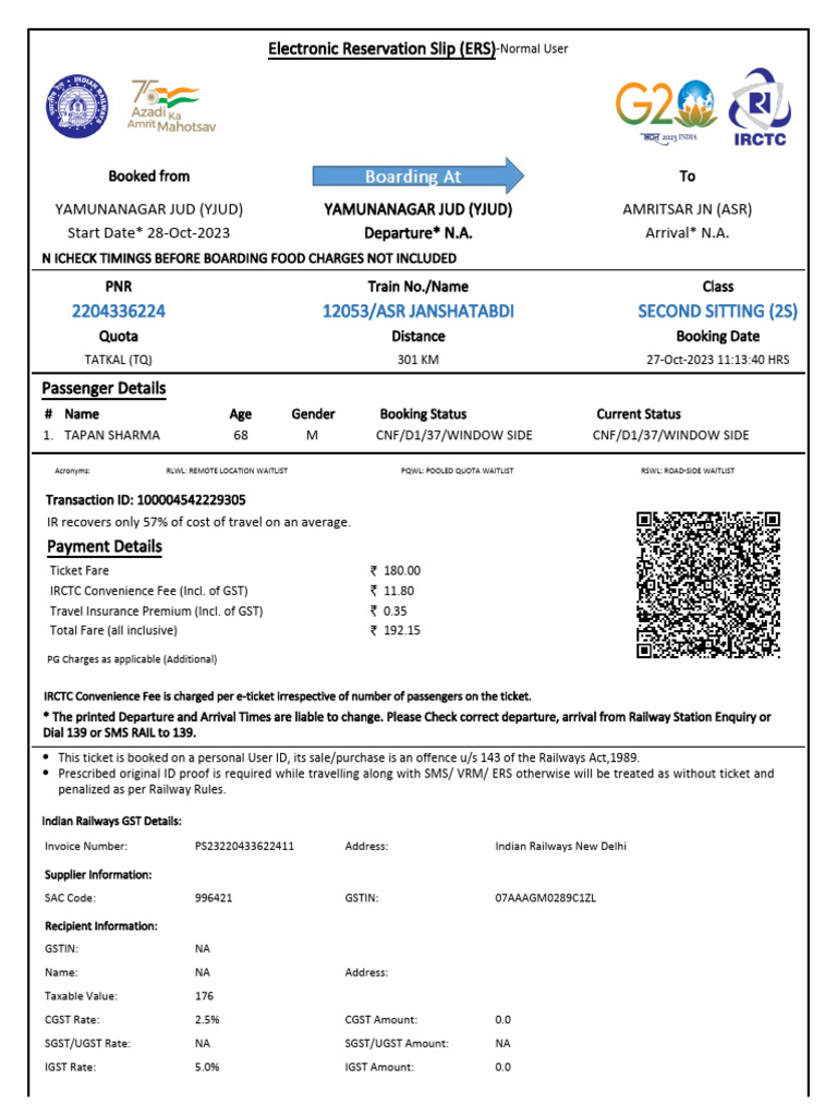 12053/asr Janshatabdi Second Sitting (2S) | PDF | Identity Document