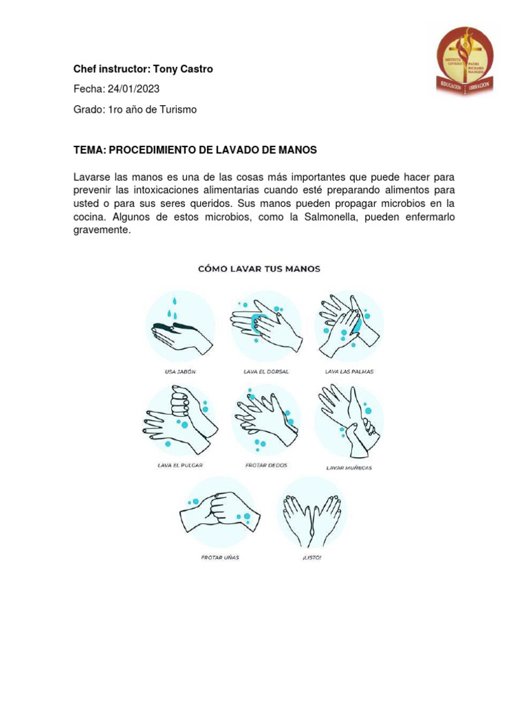 Lavado de Manos, Limpieza de Cocina, Vestimenta, Chef Instructor, Tony Castro | PDF | Agua ...