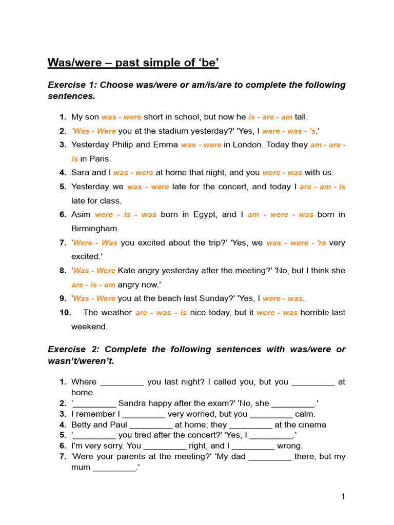 A1 Was, Were Past Simple | PDF