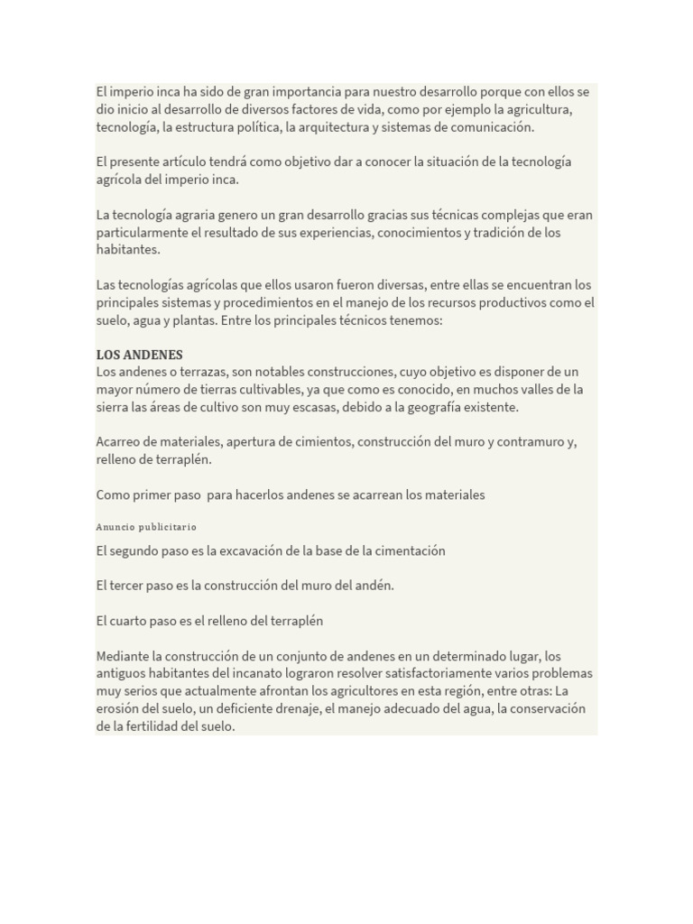 Tecnología Agrícola del Imperio Inca | PDF | Imperio Inca | Riego