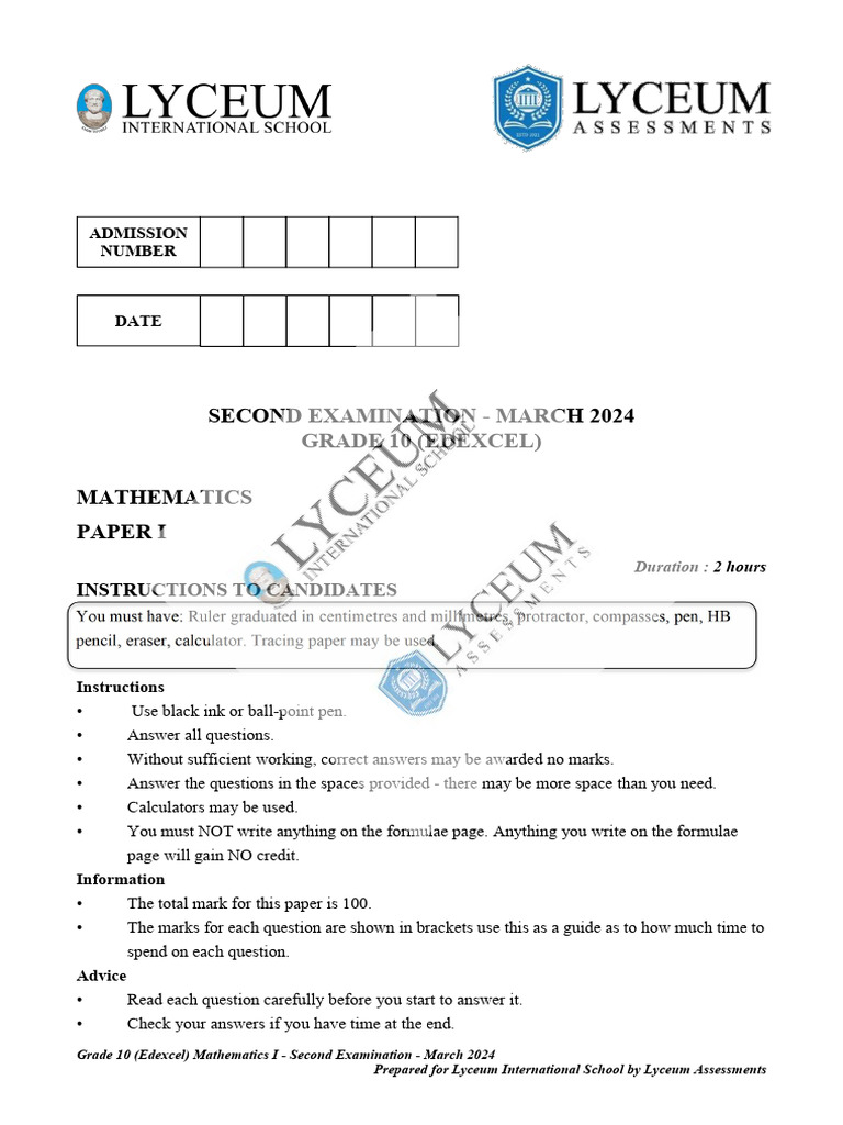 Edexcel Grade 10 Math Exam March 2024 | PDF | Circle | Mathematics