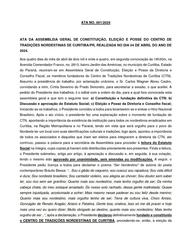 Ata 01-2024 de Fundação Do Centro de Tradições Nordestinas de Curitiba ...