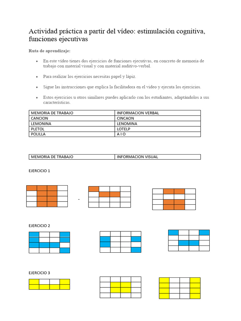 Actividad práctica a partir del vídeo (estimulación cognitiva, funciones ejecutivas) | PDF