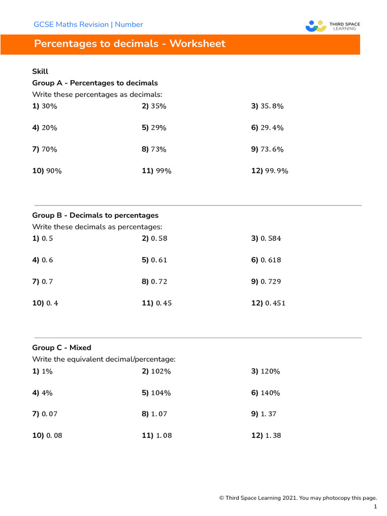 Third Space Learning Percentages To Decimals GCSE Worksheet | PDF ...