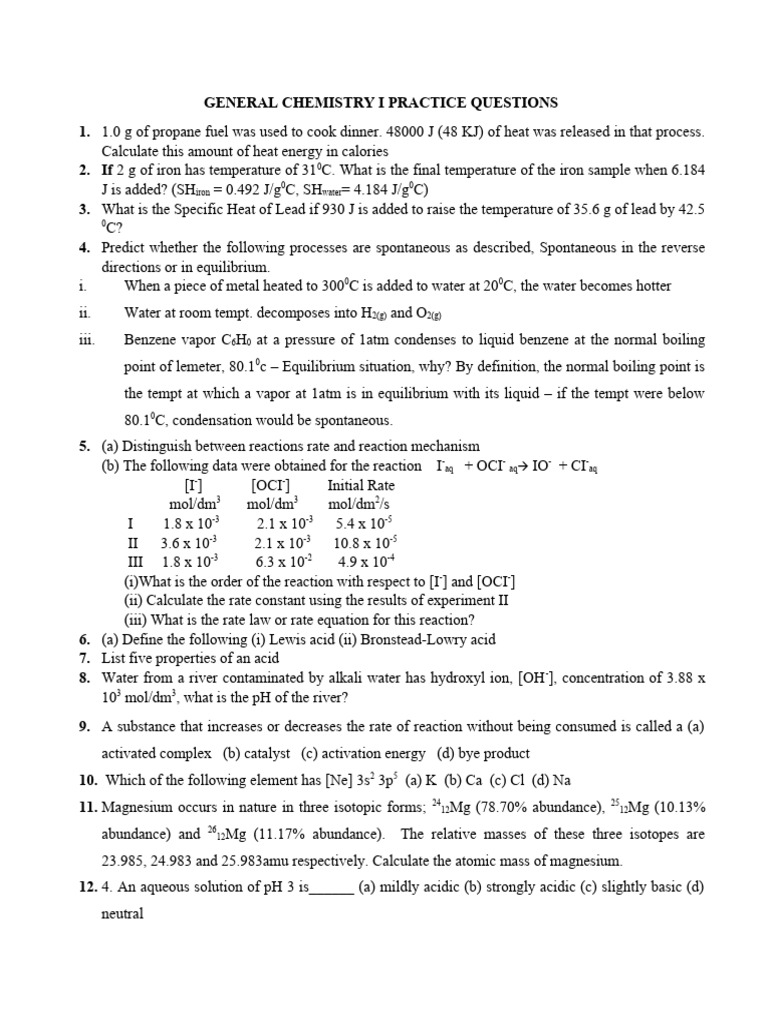General 20chemistry 20i 20 (Practice 20questions) | PDF | Acid | Ph