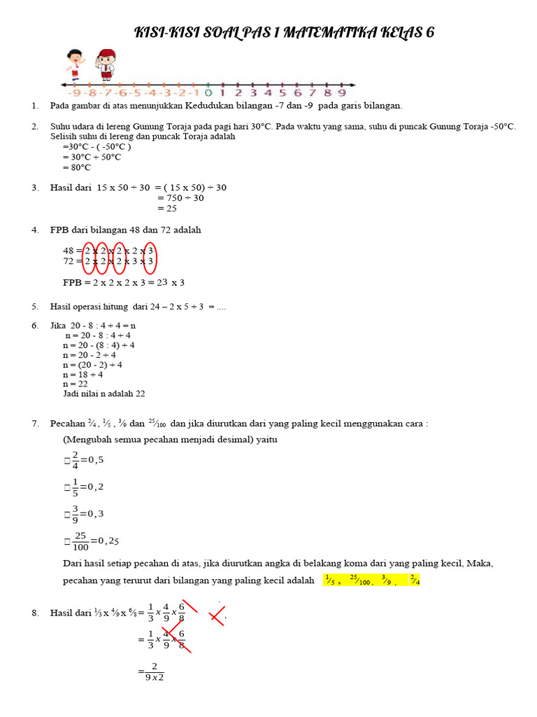 Kisi-Kisi SOAL PAS 1 Kelas 6 Matematika 2023 24 | PDF