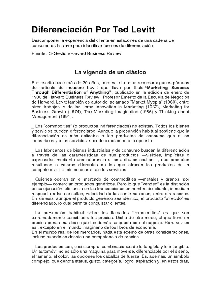 Resumen Diferenciación de Cualquier Cosa Por Teodore Levitt | PDF | Producto (Negocio) | Precios