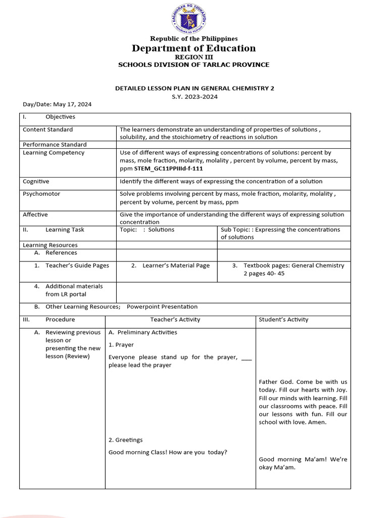 DETAILED-LESSON-PLAN-IN-GENERAL-CHEMISTRY-2 | PDF | Concentration ...
