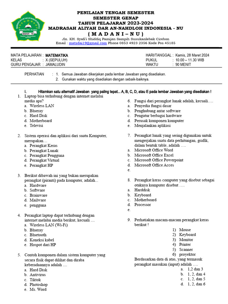 B Soal PTS TIK Kelas X SEMESTER GENAP | PDF