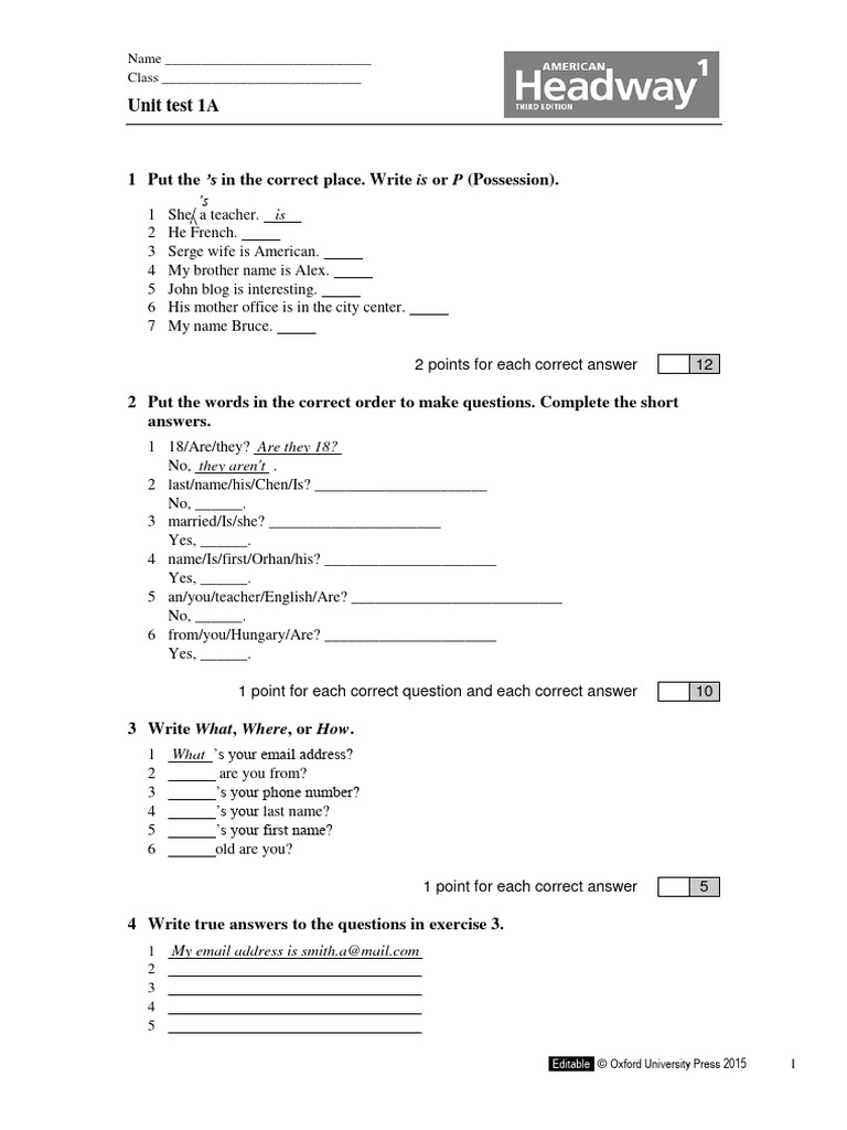 English Unit Test 1A Practice Worksheet | PDF | Linguistics | Syntax