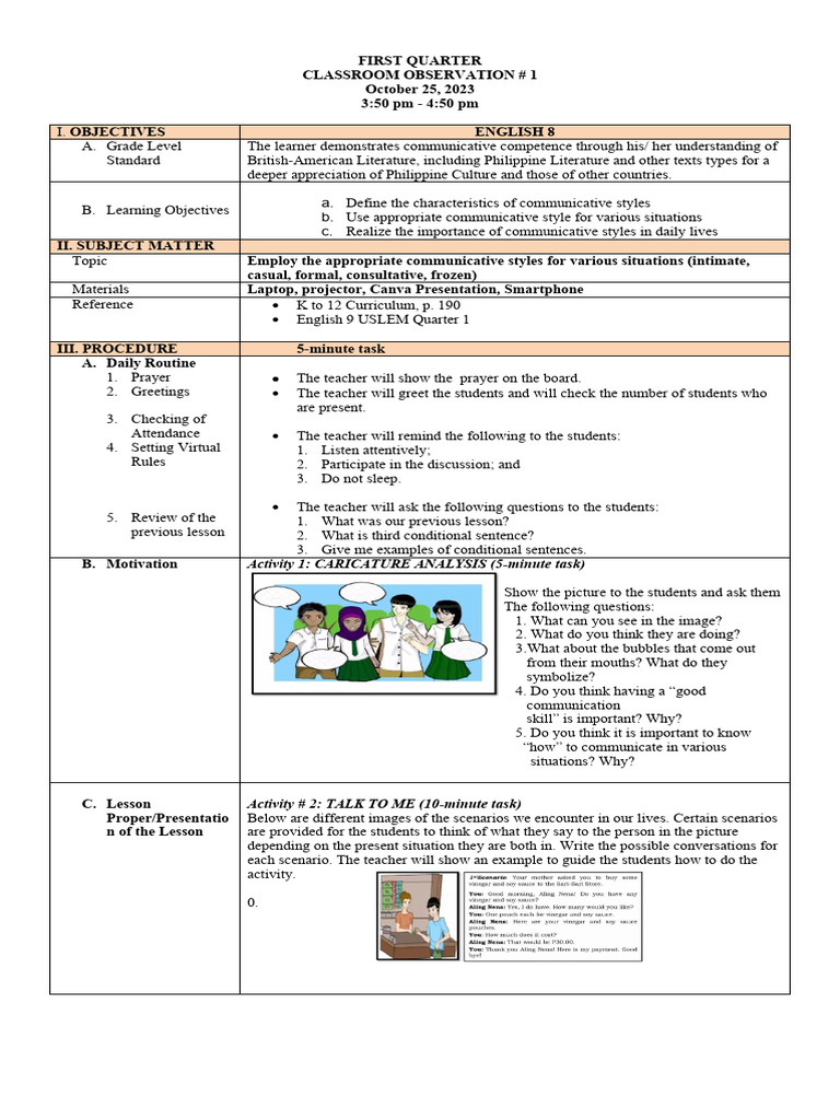 Grade 9 - 1st Quarter Lesson Plan CO1 2023-2024 | PDF | Teachers ...