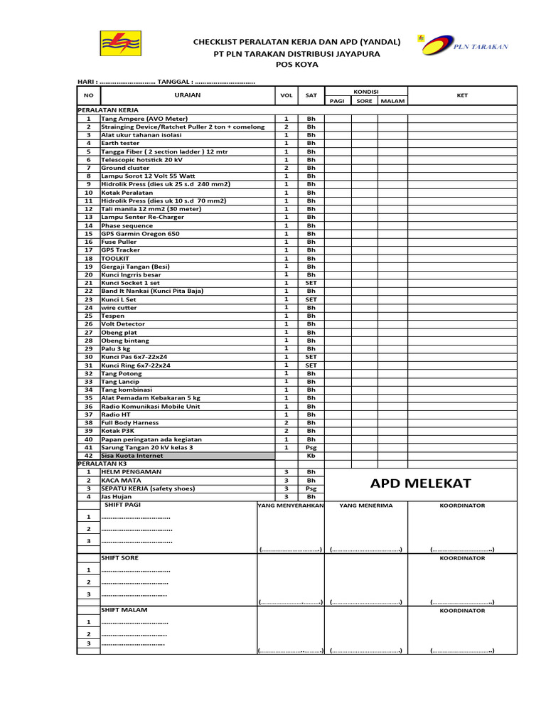 Format Cehck List Peralatan | PDF