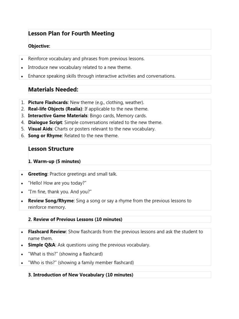 Lesson Plan for Fourth Meeting | PDF | Vocabulary | Flashcard