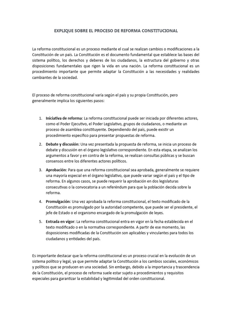 El Proceso De Reforma Constitucional Pdf Constitución Legislatura