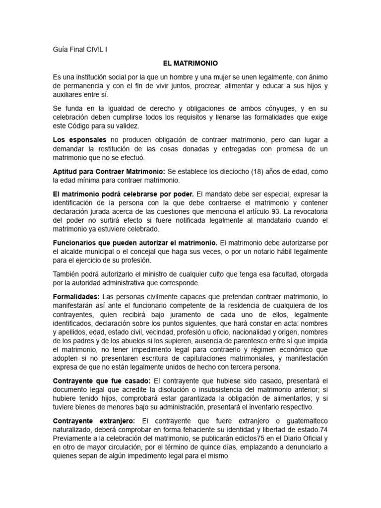 Guia Final Civil I Final Resumen | PDF | Matrimonio | Asociación doméstica