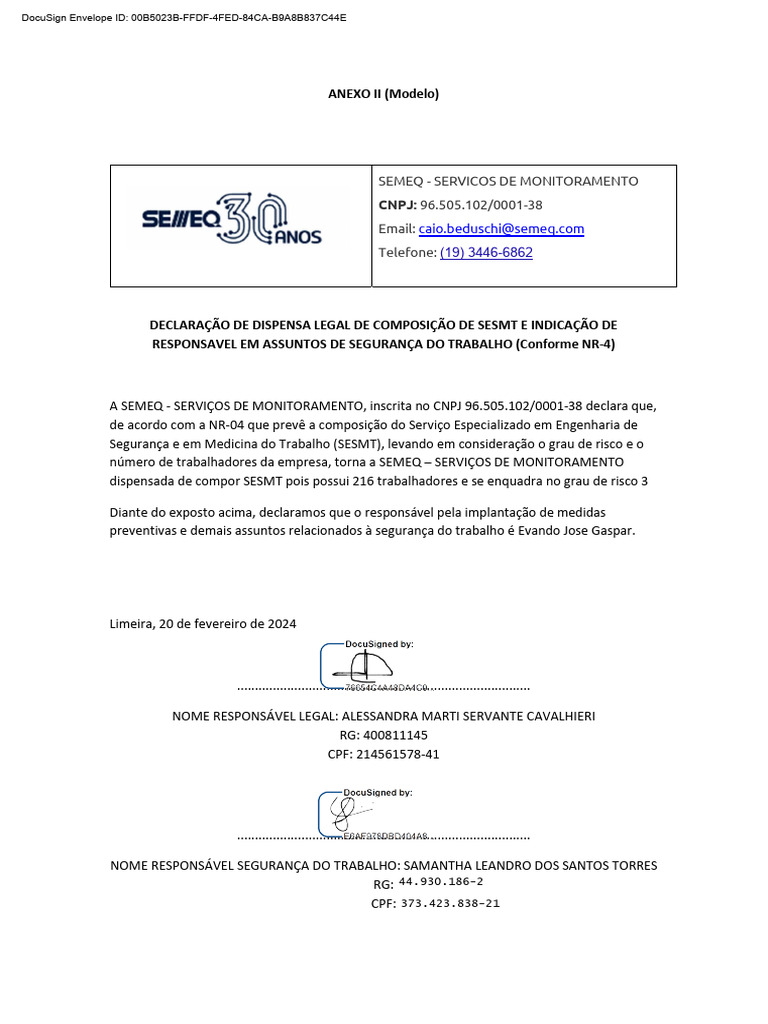 Complete Com A DocuSign DECLARAÇÃO SESMT | PDF | Email Address ...