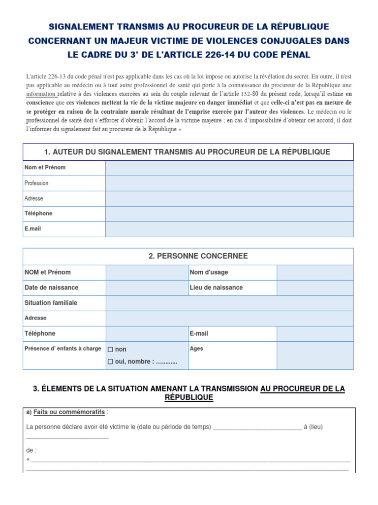 Signalement de violences conjugales au Procureur | PDF | Professionnel ...