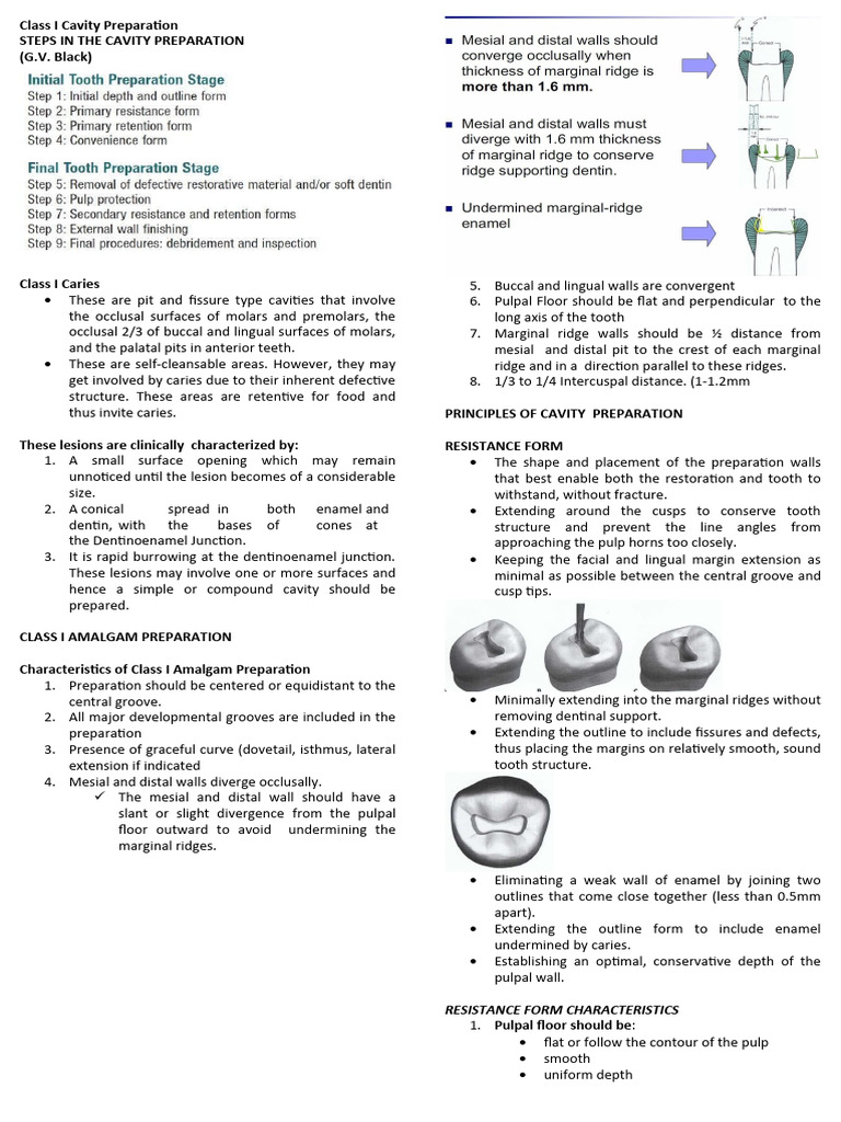 Class I Amalgam Cavity Preparation Guide | PDF | Tooth Enamel | Dentin