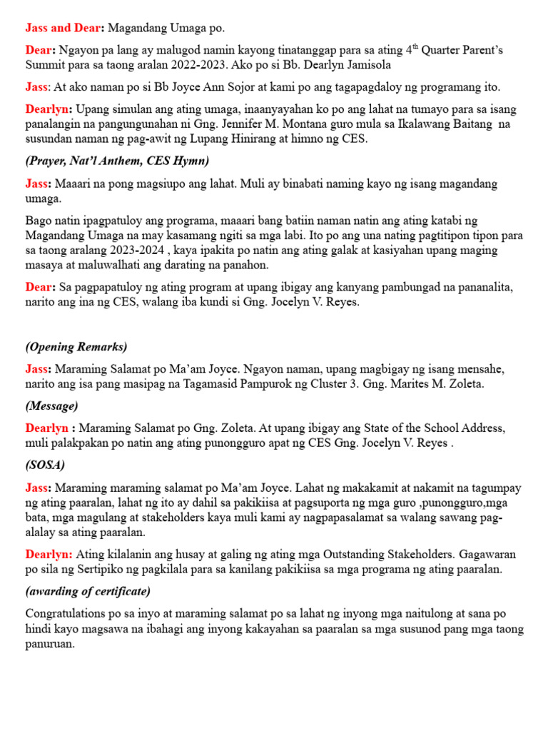 1st Parent Summit Script | PDF