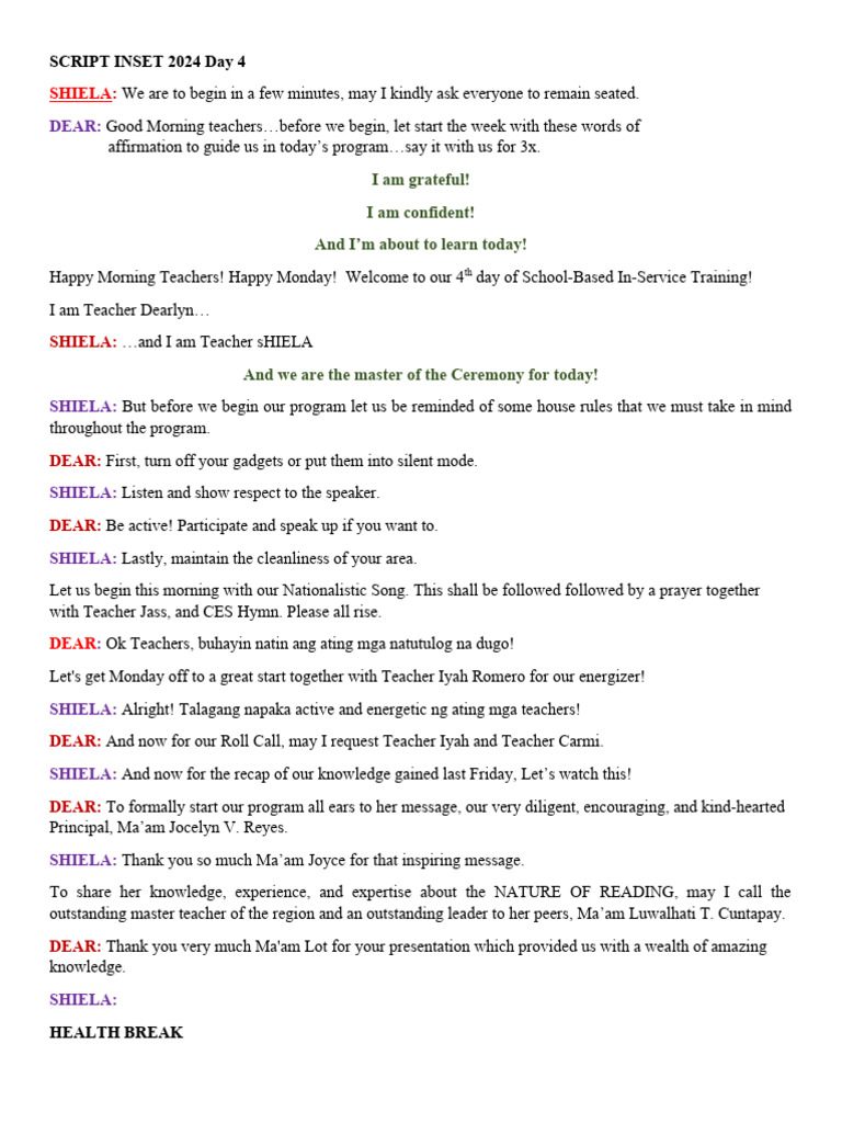 Emcee Script Inset Monday | PDF