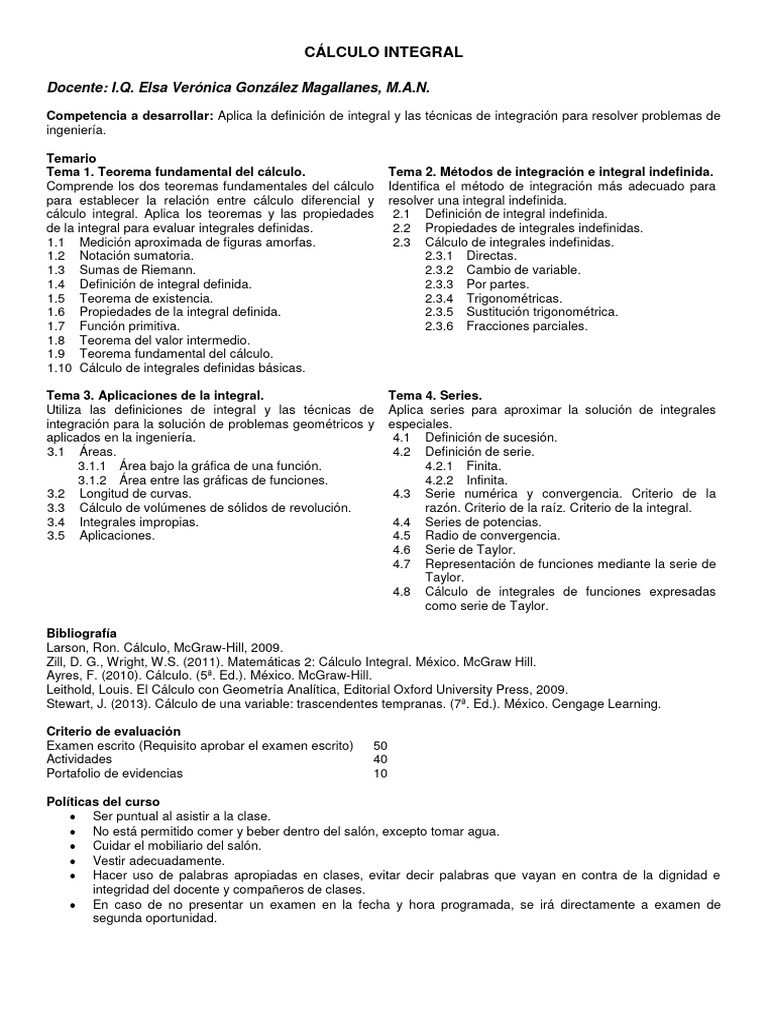 Temario de Cálculo Integral | PDF | Integral | Conceptos matemáticos