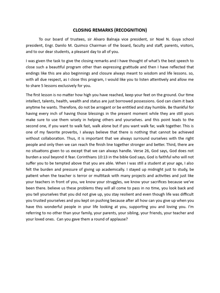 Closing Remarks Recognition | PDF