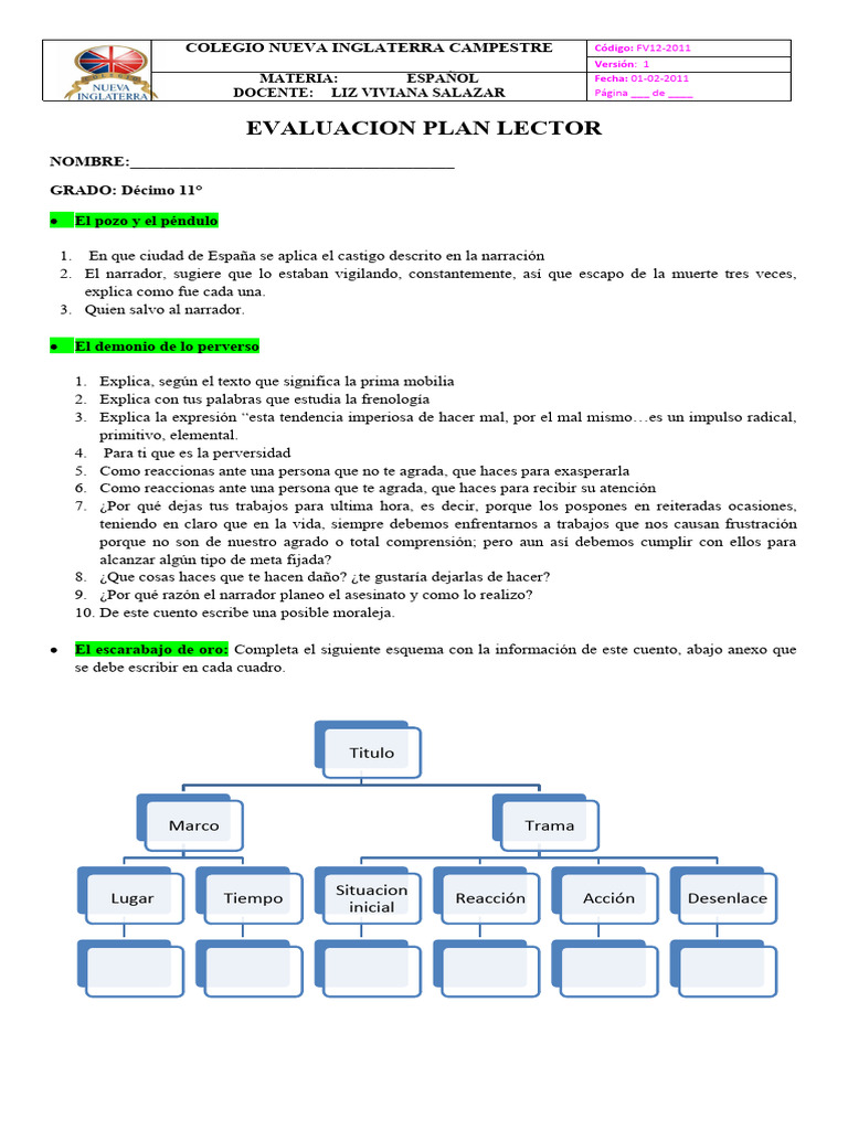 Evaluacion Plan Lector 11 | PDF | Narración