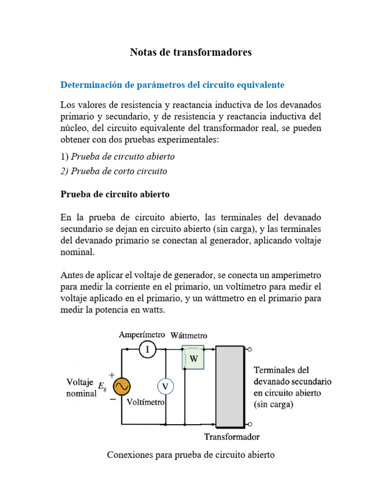Notas de Transformadores Pruebas de Circuito Abierto y Corto Circuito | PDF | Resistencia ...