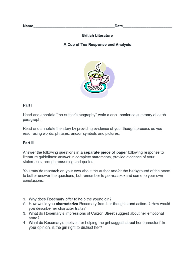 British Lit: A Cup of Tea Analysis Guide | PDF | Thought | Reason