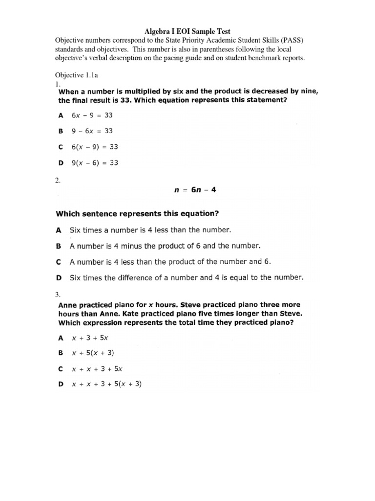 Algebra I Practice Test | PDF