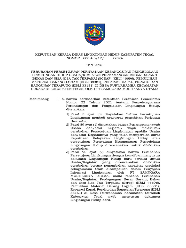 Persetujuan PKPLH PT Samugara Multikarya Utama | PDF