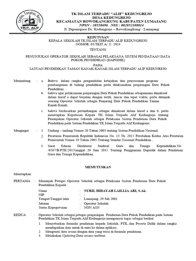 SK OPERATOR SISTEM DAPODIK_TK ISLAM TERPADU ALIF .docx 2024 | PDF