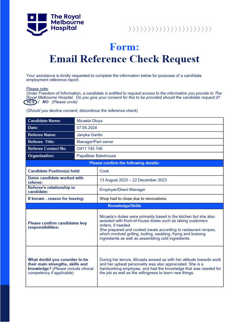 Email Reference Check Request For Micaela Oloya | PDF | Behavior Modification | Cognition