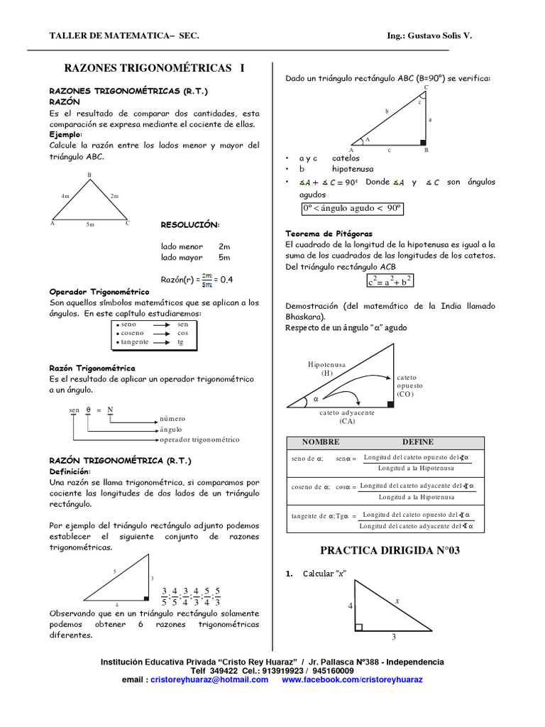 TALLER_MATEMATICA_RAZONES_TRIGONOMETRICAS | PDF | Funciones trigonométricas | Triángulo