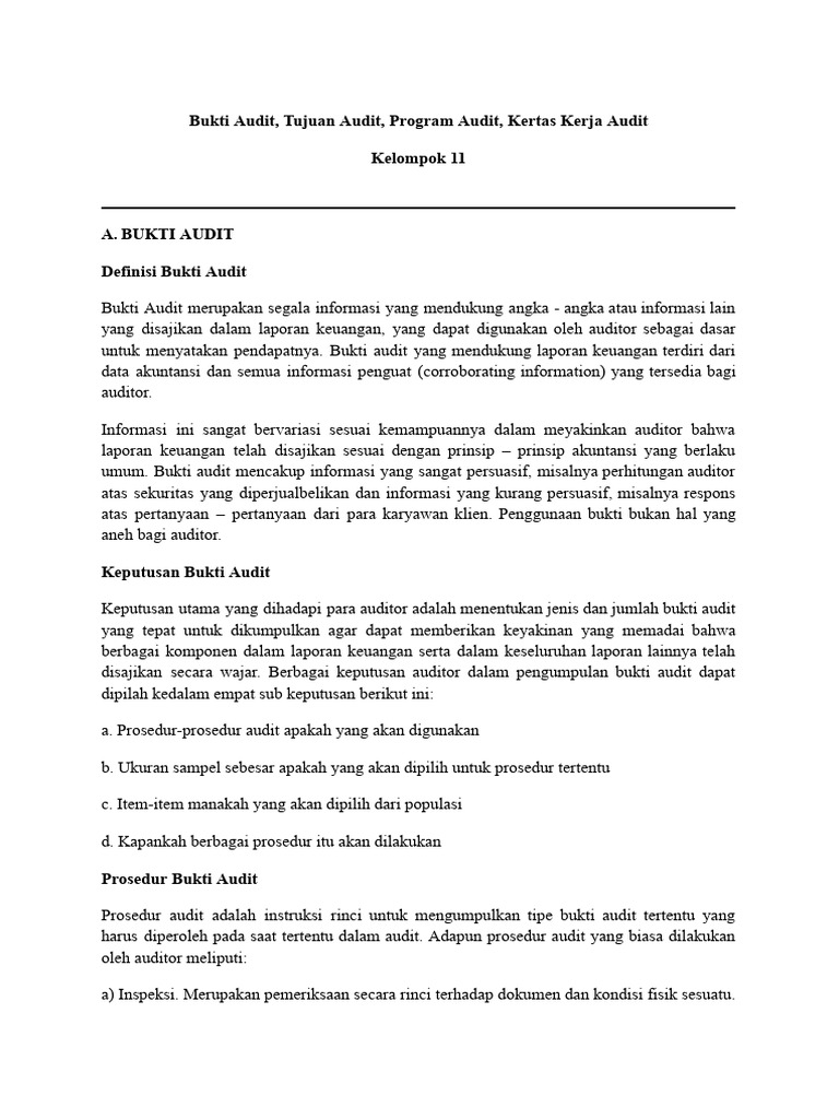 Bukti Audit, Tujuan Audit, Program Audit Dan Kertas Kerja Audit | PDF ...