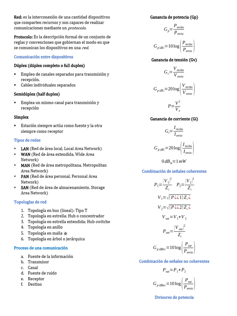 Redes de Datos Formulas | PDF | Fibra óptica | Tecnología de información y comunicaciones