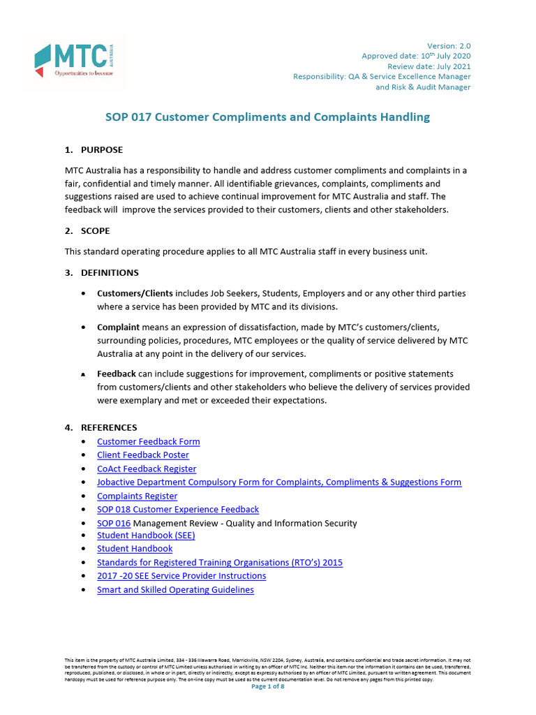 Customer Complaints Handling SOP | PDF | Trade Secret | Mediation