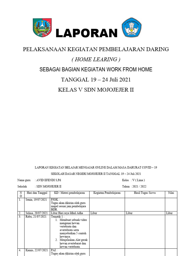 Laporan BDR kelas 5 tanggal 19 - 24 Juli 2021 | PDF