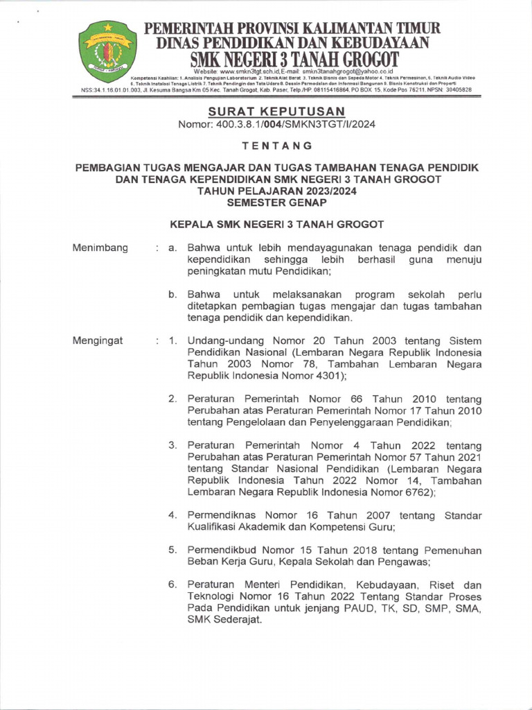 SK Pembagian Tugas Mengajar Genap 2023-2024 | PDF